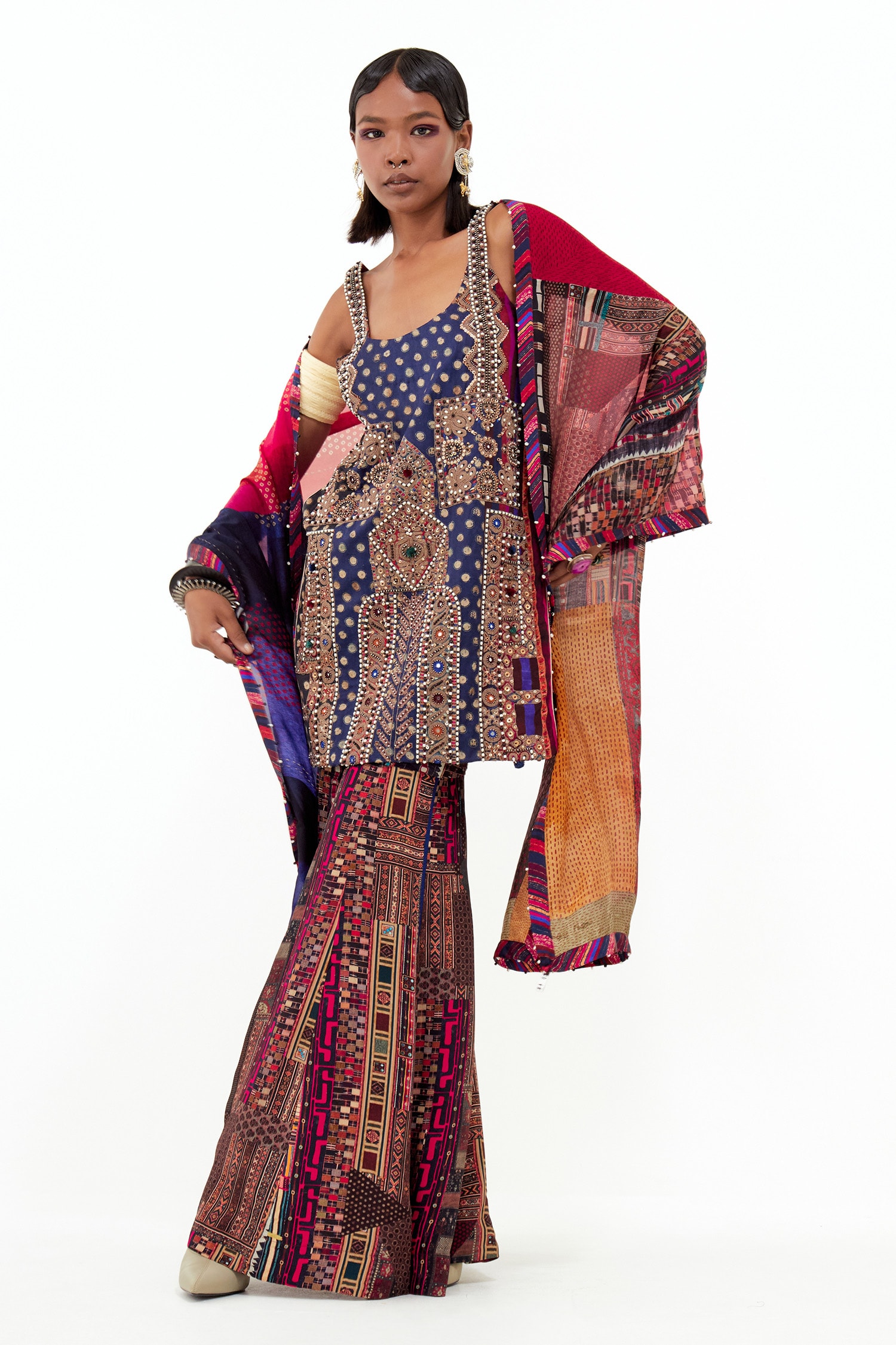 Buy Multi Color Sheer Silk Printed Patti Geometric Odhni For Women by ...