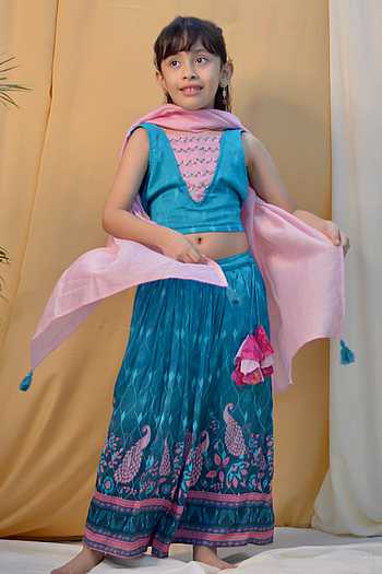 Buy Miko Lolo Blue Firoza Gathered Embroidered Lehenga Set For Girls ...