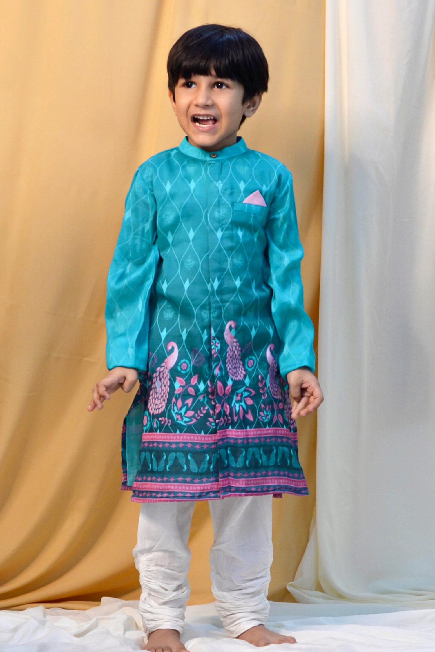 Buy Miko Lolo Blue Firoza Peacock Print Sherwani Set For Boys Online | Aza Fashions