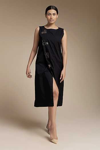 Buy Black 100% Cotton Embroidered Mirror Round Placket Wrap Dress For ...