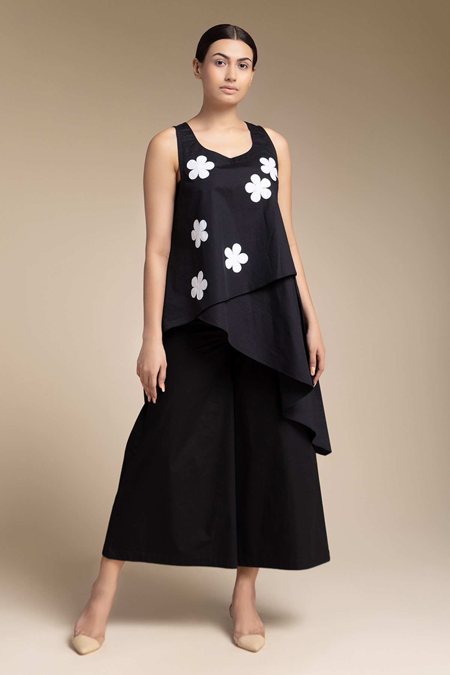 Buy Black 100% Cotton Embroidered Floral Applique Work Top And Palazzo ...