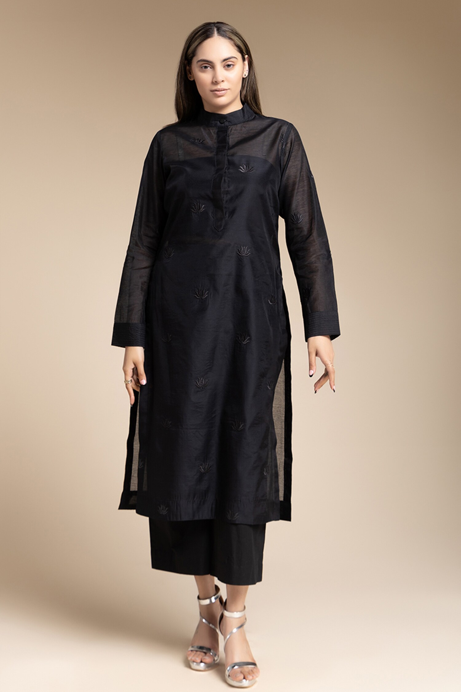Buy Black 100% Cotton Embroidered Thread Work Tunic: And Palazzo Set ...