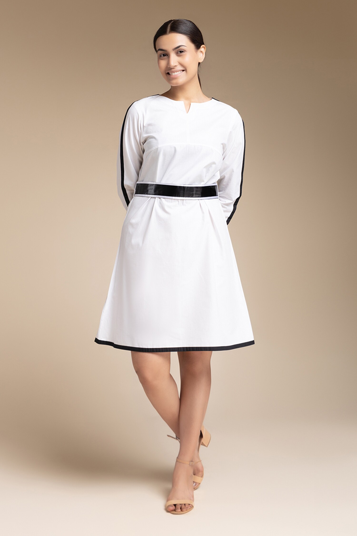 Buy White 100% Cotton Striped Notched Placement Dress For Women by ...