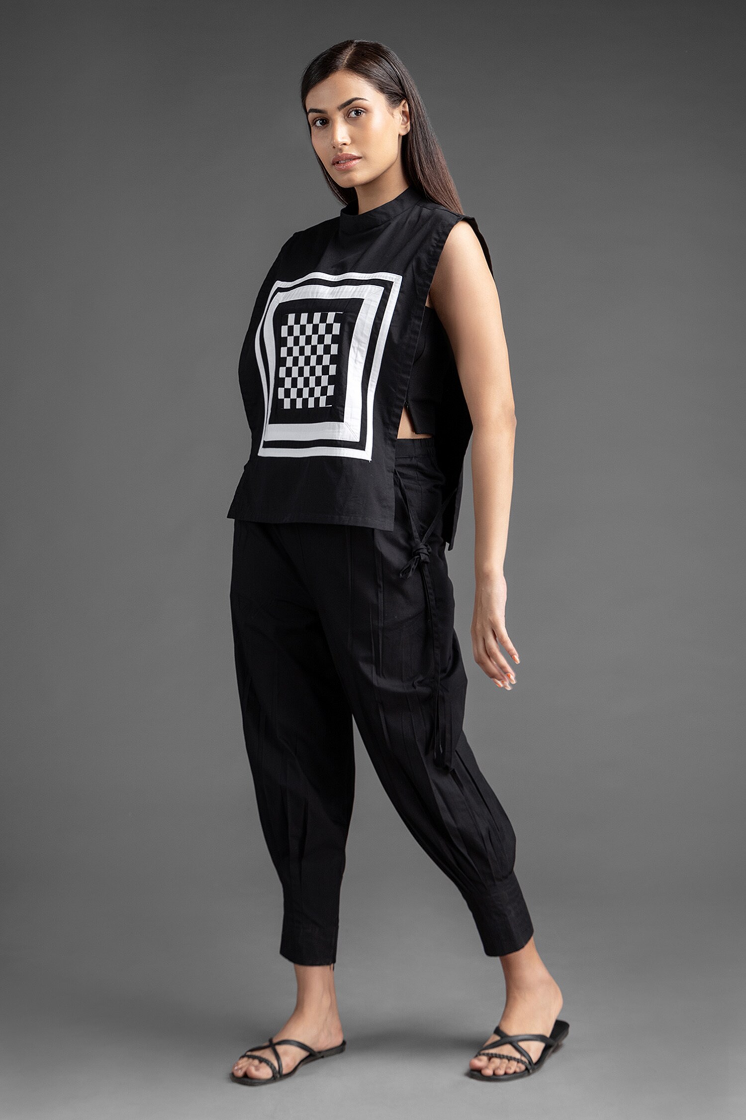 Buy Black 100% Cotton Checkered Band Collar Matted Top With Pleated ...