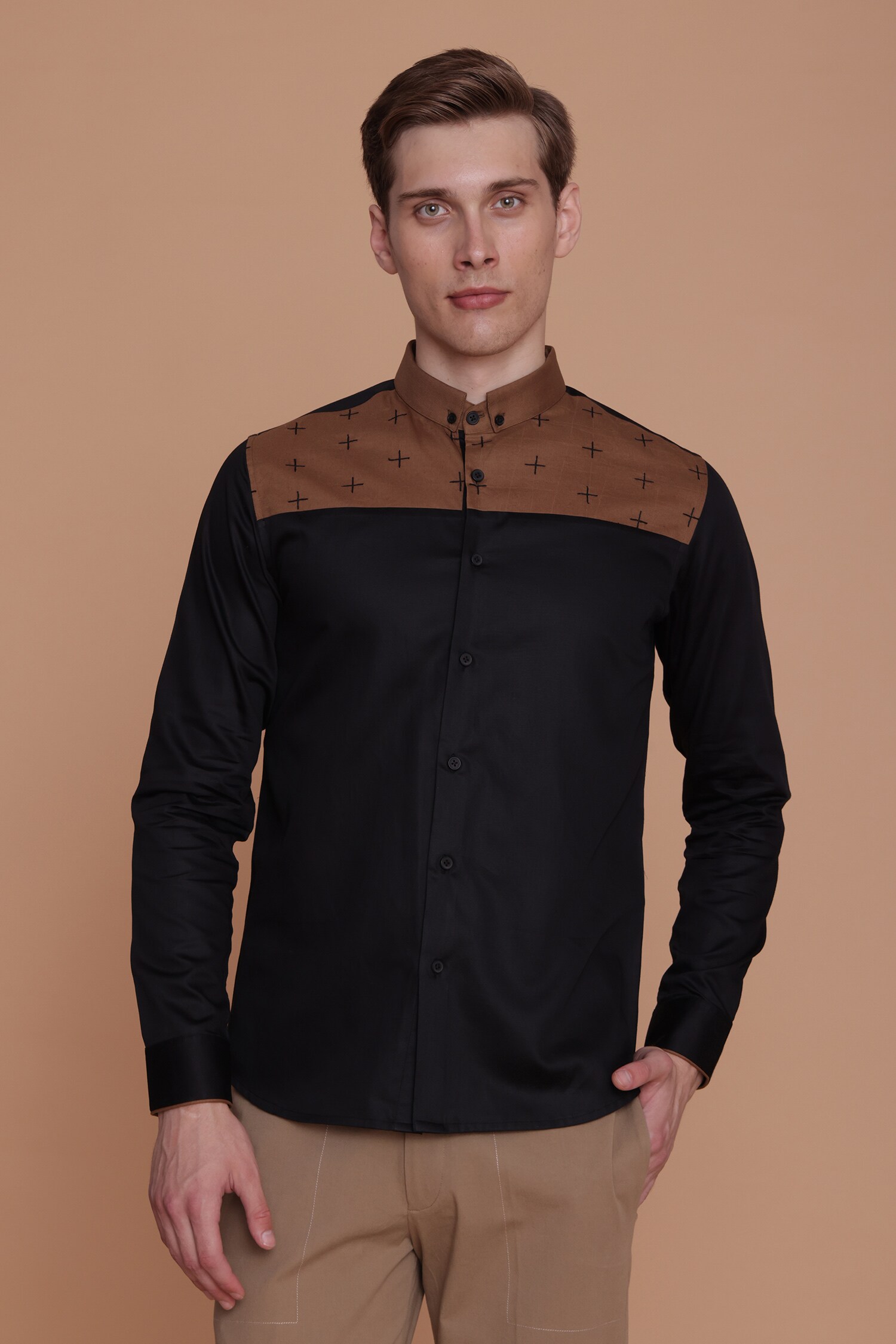 Buy Black Cotton Satin Embroidered Plus Thread Mawson Yoke Shirt For ...