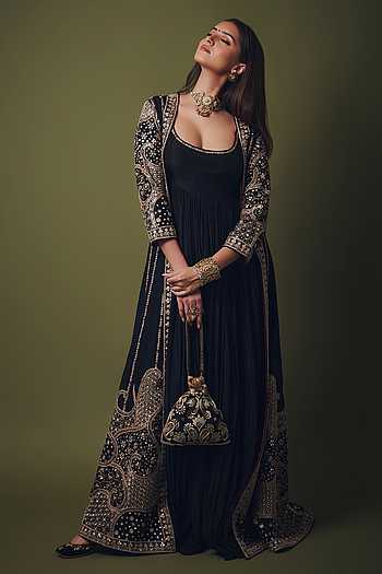 Buy Black Silk Embroidery Salma Anarkali Square With Mirror And Jacket ...