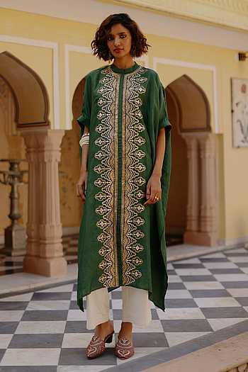 Buy Avacara Green Silk Geometric Gota Embroidered Kaftan With Pant ...