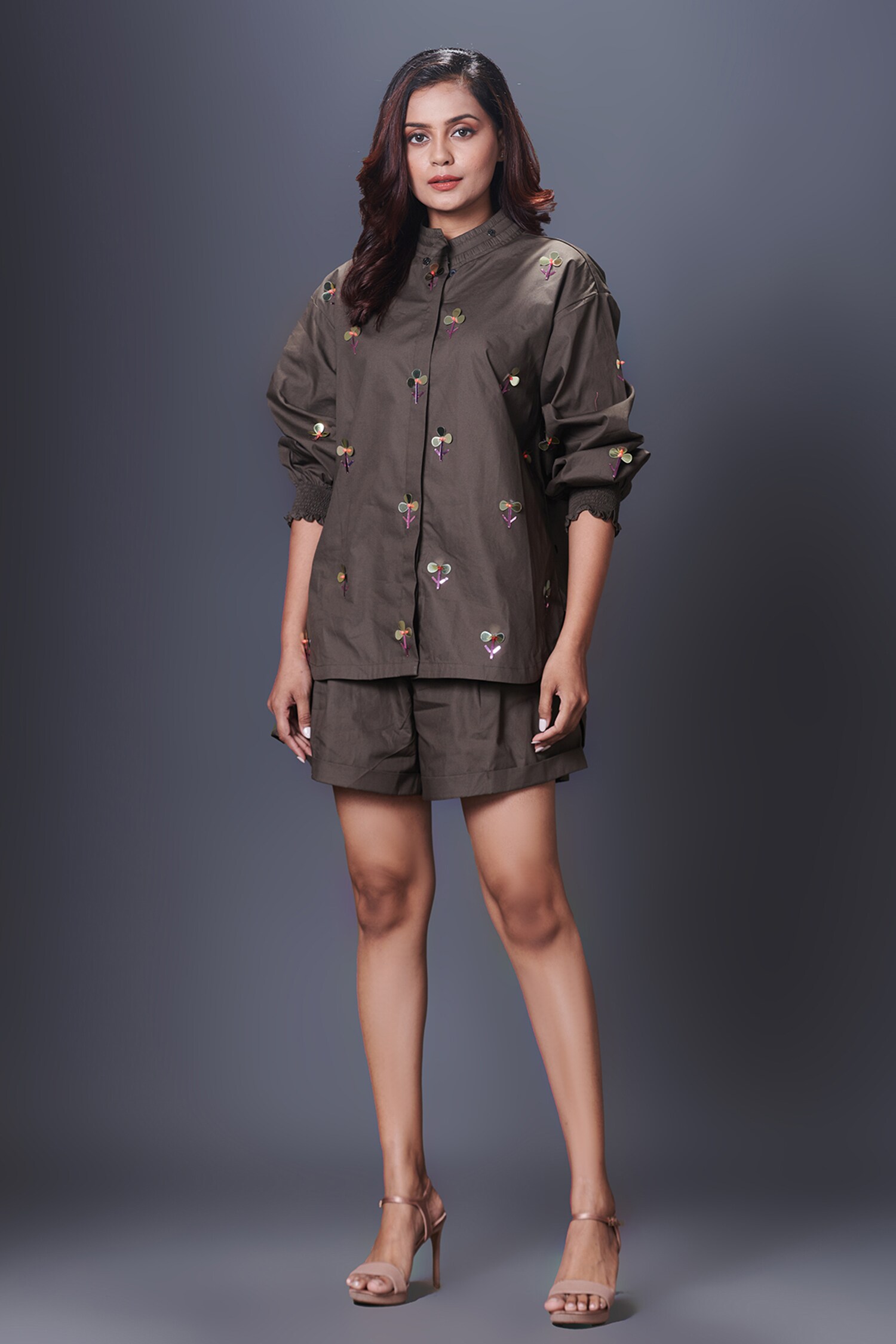 Buy Green 100% Cotton Hand Embroidered Sequins Shirt And Shorts Set For ...