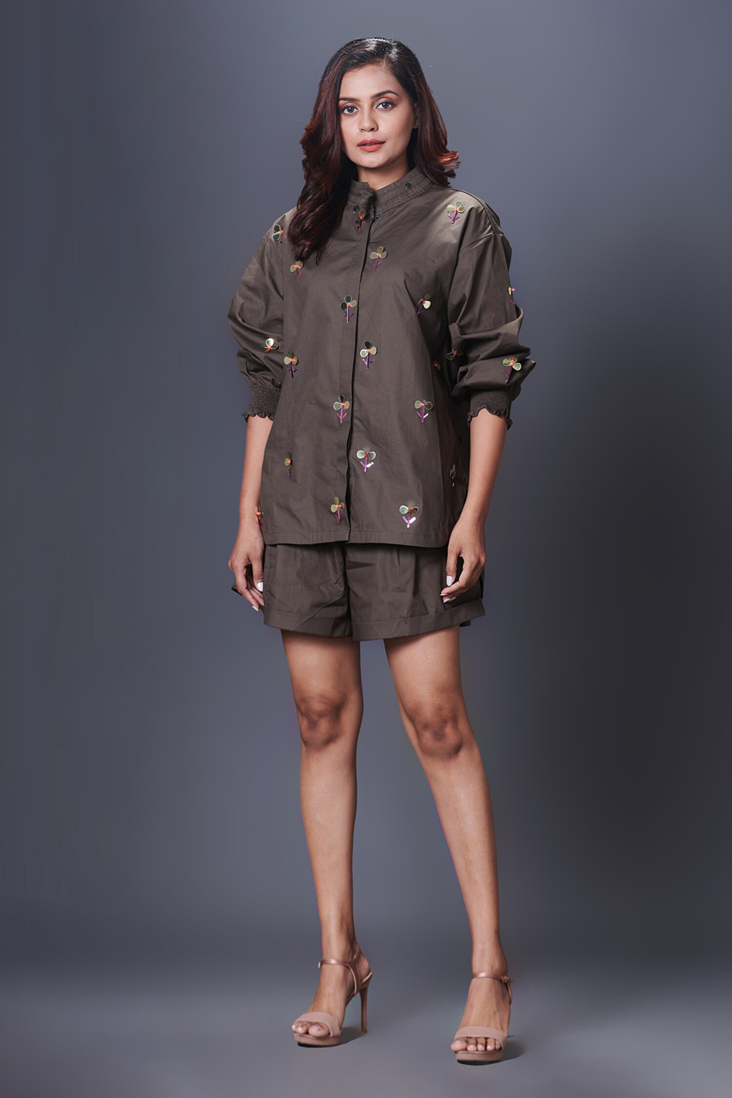 Buy Green 100% Cotton Hand Embroidered Sequins Collar Shirt For Women ...