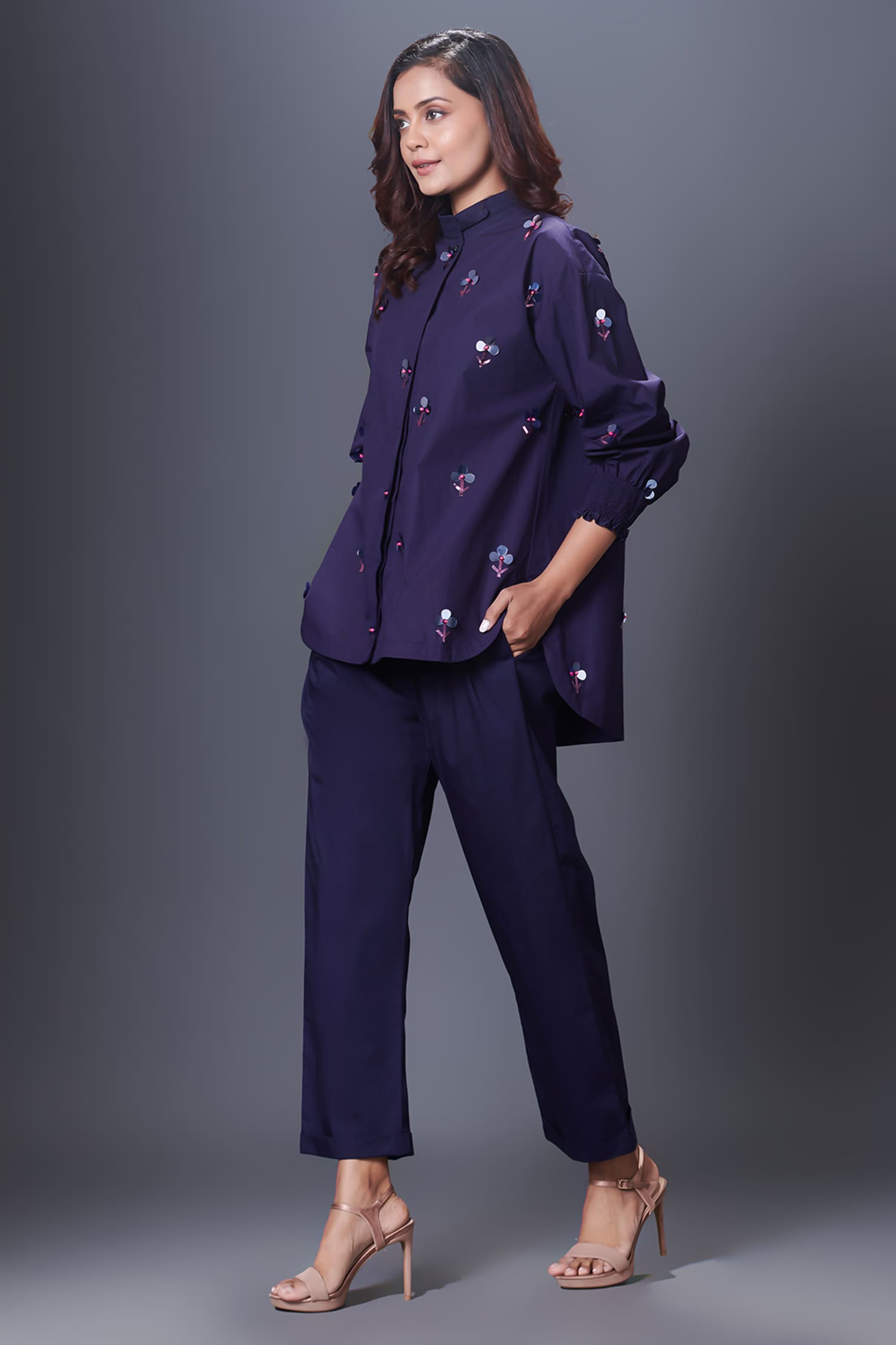 Buy Blue 100% Cotton Hand Embroidered Sequins Collar Shirt For Women by ...