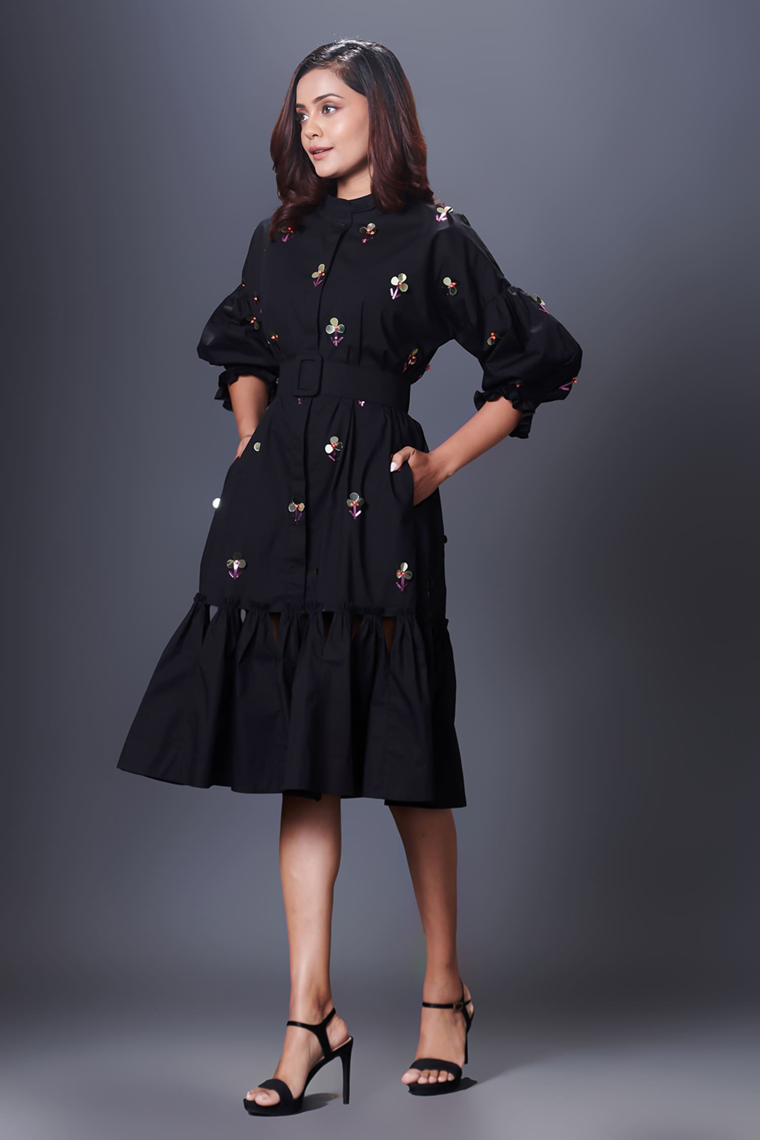 Buy Deepika Arora Black Cotton Puff Sleeve Hand Embroidered Dress ...