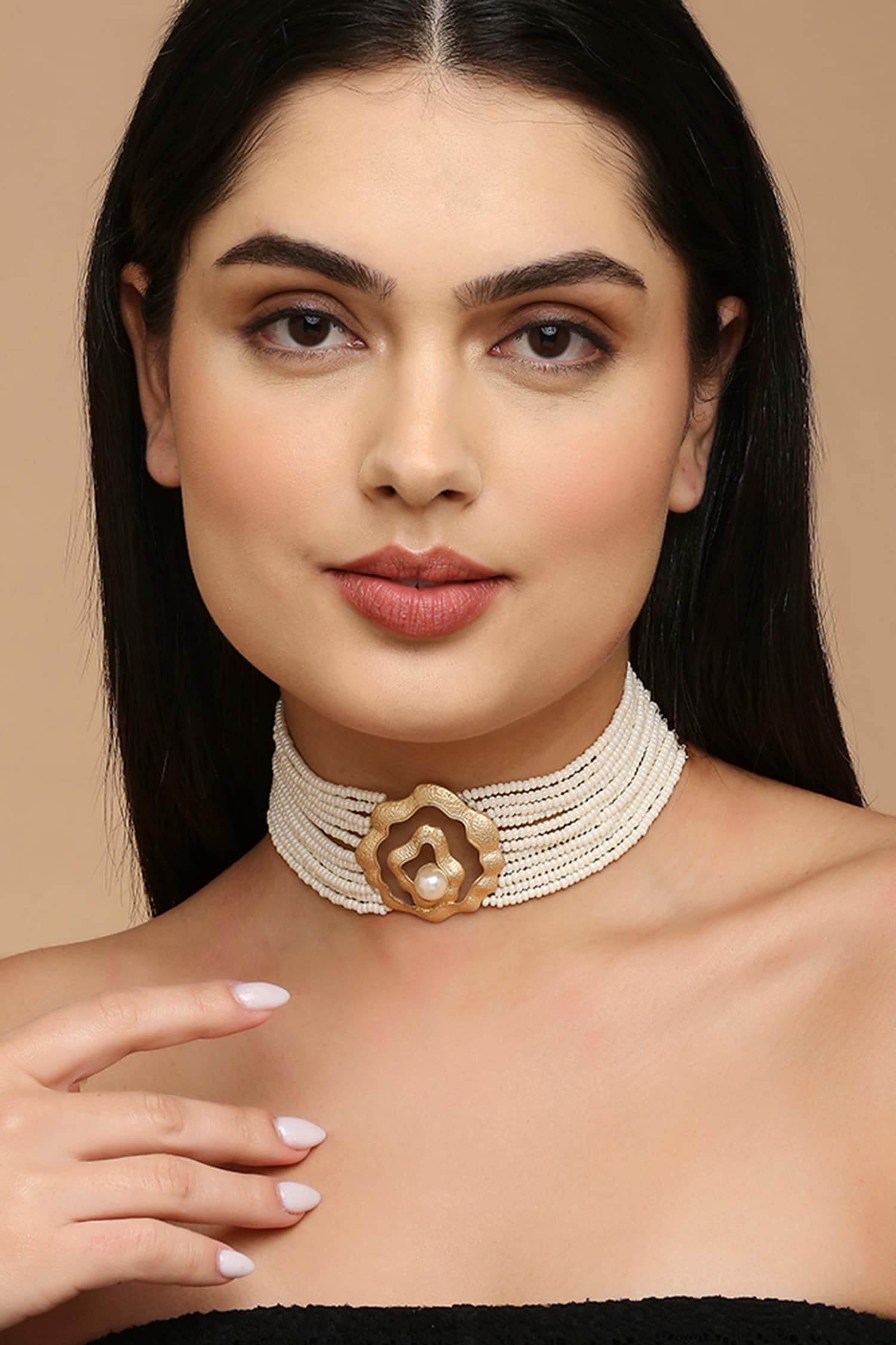 Buy White Crystal Beads Abstract Brooch Pearl Choker by TAD Accessories ...