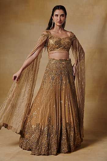 Buy Gold Net Hand Embroidered Resham V Neck Blouse And Lehenga Set For ...