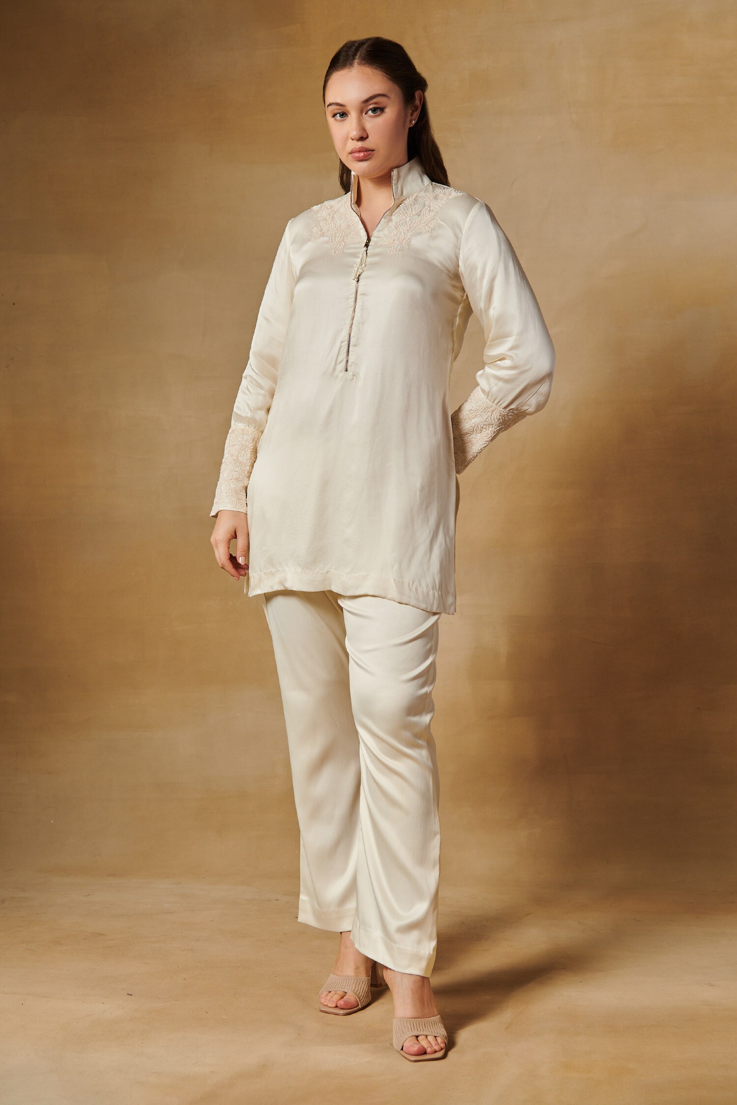Buy White Bamberg Linen Embroidered Thread Sleeve Pearls Top And Pant ...