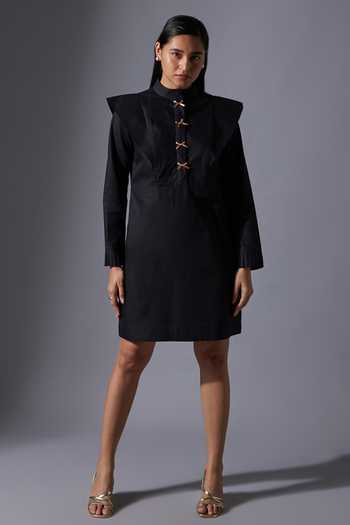 Buy Black 100% Cotton Solid High Neck Winged Sleeve Shift Dress For ...