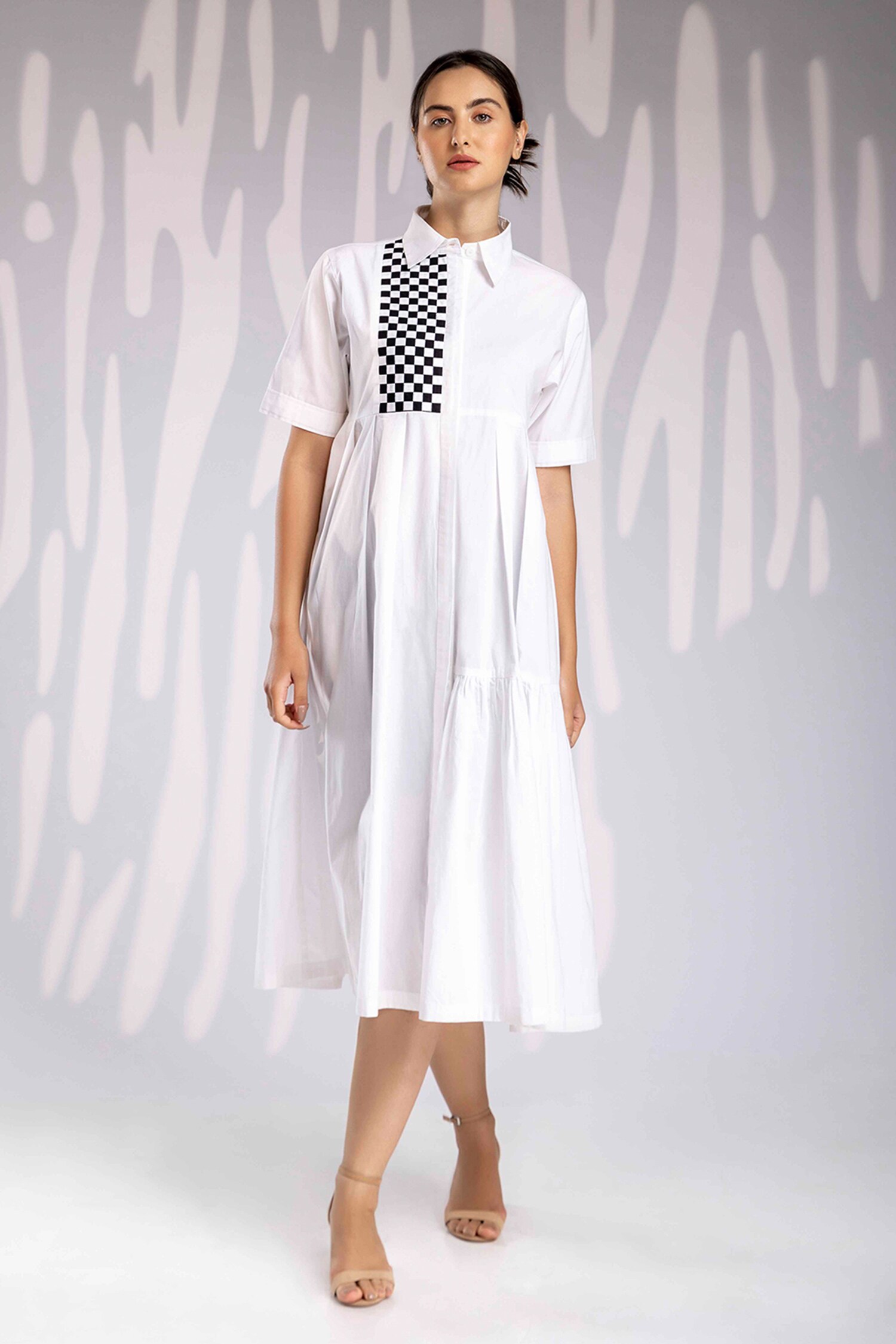 Buy White 100% Cotton Woven And Embroidered Checkered Pattern Pleated ...