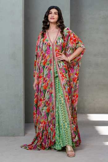 Buy Multi Color Georgette Embroidered Bouquet Bliss Printed Kaftan With ...