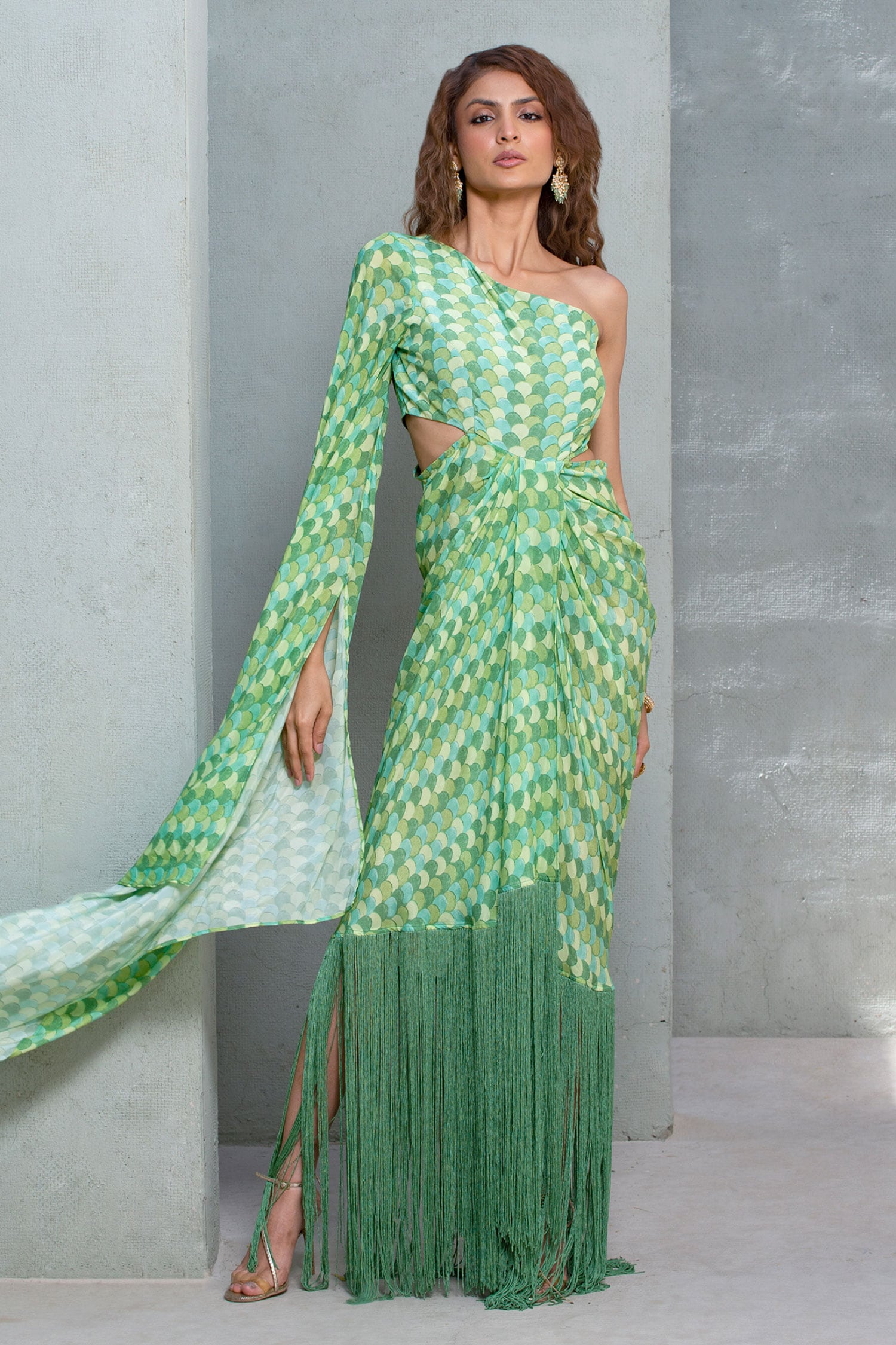 Buy Green Crepe Printed Scallop One Shoulder Pixie Leaflet Cut-out ...