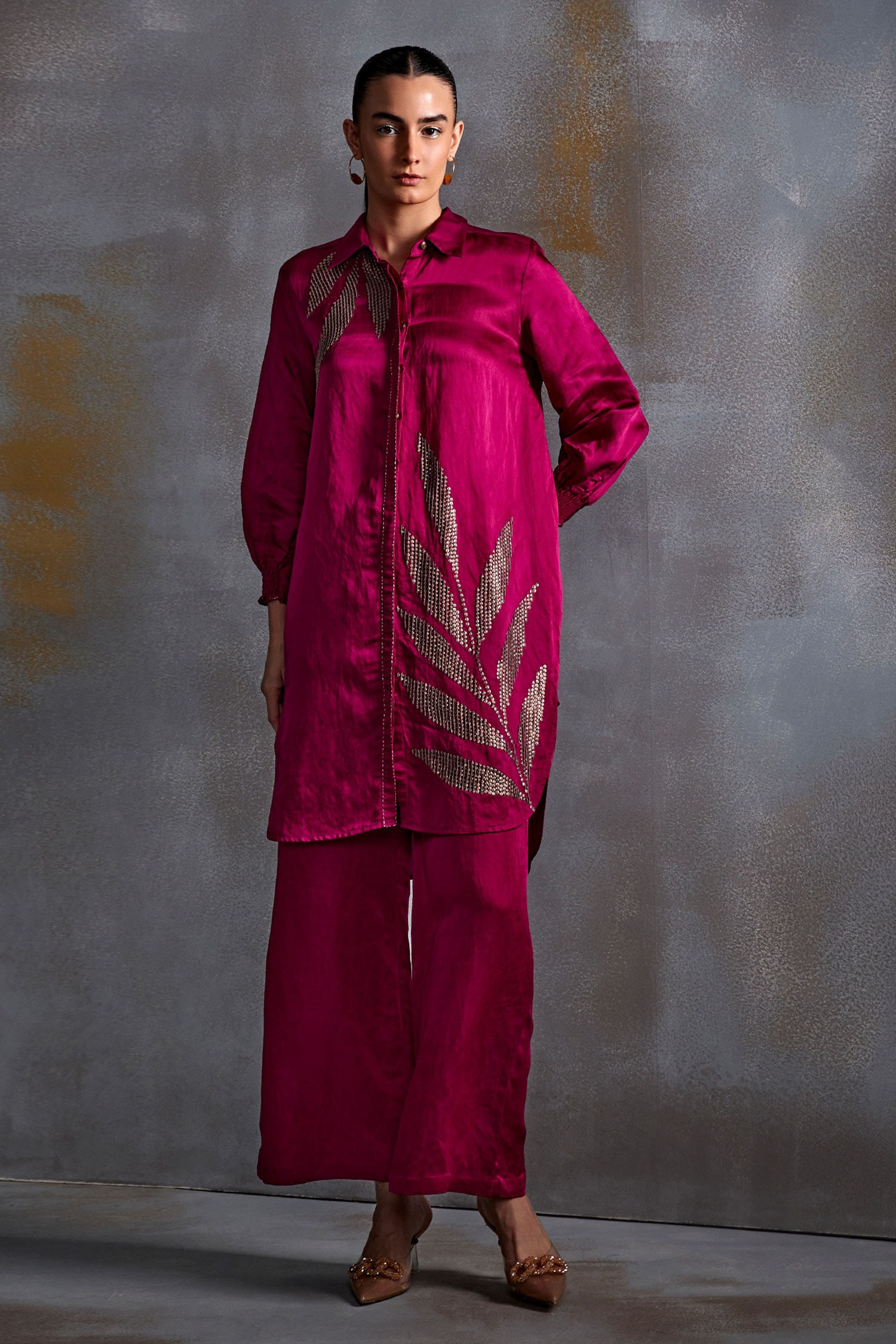 Buy Magenta Linen Satin Embellished Sequin Spread Collar Calathea Boxy ...