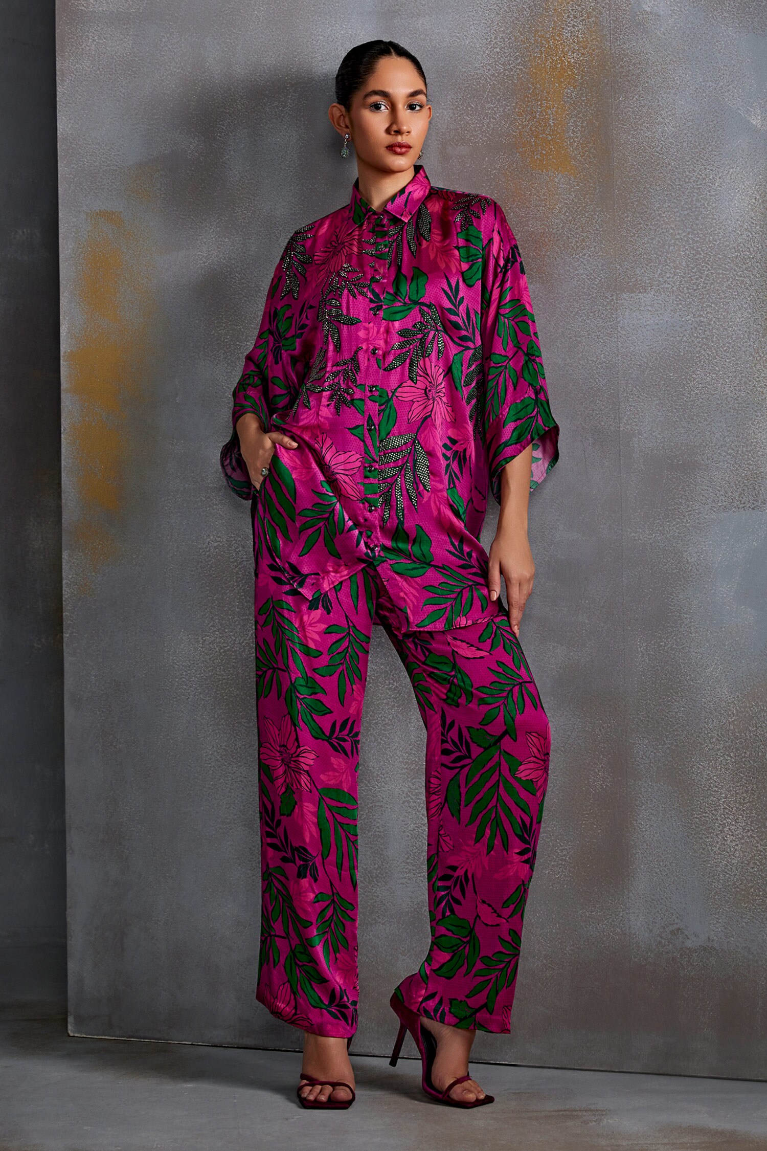 Buy Namrata Joshipura Pink Cupro Satin Willow Foliage Print Embellished ...