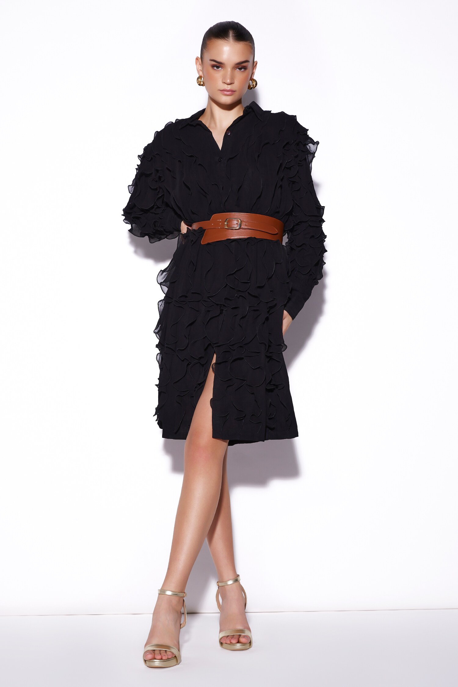 Buy Black Viscose Georgette Ruffles Collar Panelled Shirt Dress For ...