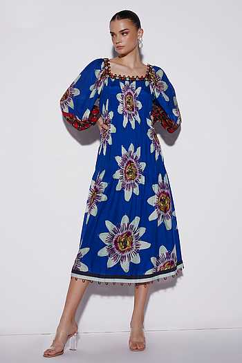 Buy Verb by Pallavi Singhee Blue Coton Voil Floral Bloom Print Dress ...
