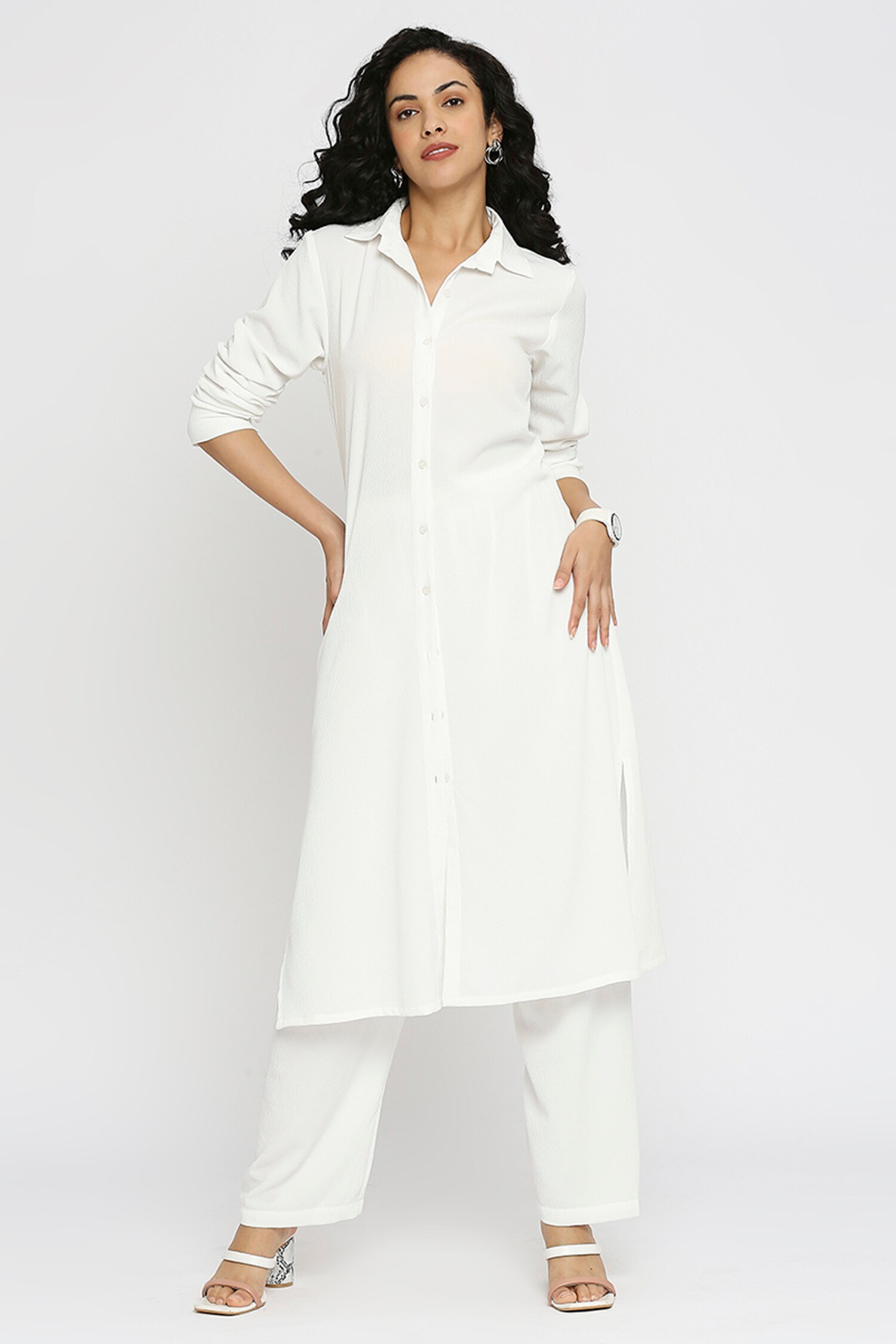 Buy White Texture Fabric Seersucker Collar Tunic With Pant For Women by ...