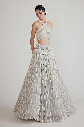 Buy Vvani by Vani Vats Grey Chandelier Pearl Drop Skirt And Crop Top ...