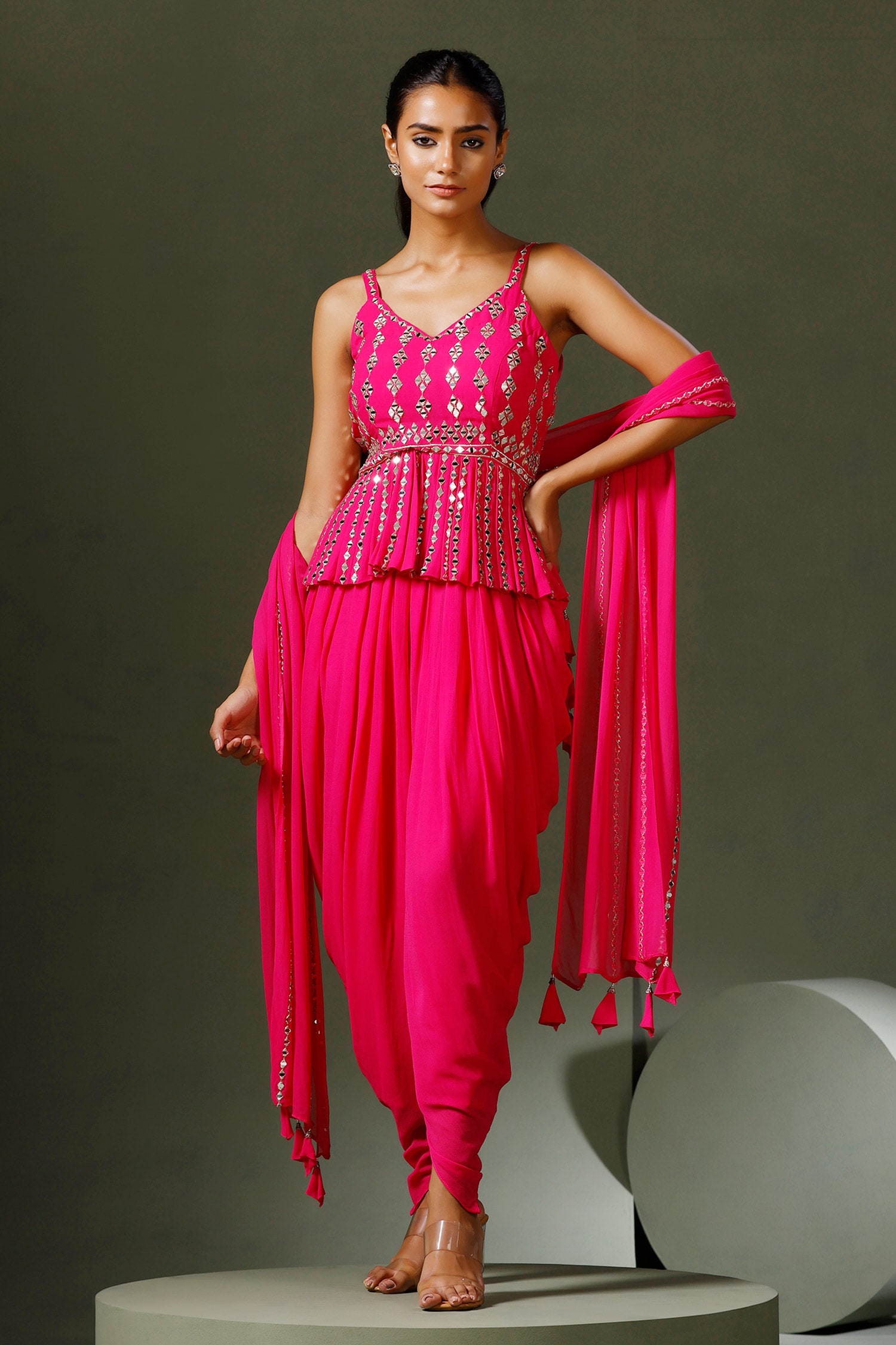 Buy Pink Georgette Embroidery Mirror V Work Peplum Top Dhoti Pant Set ...
