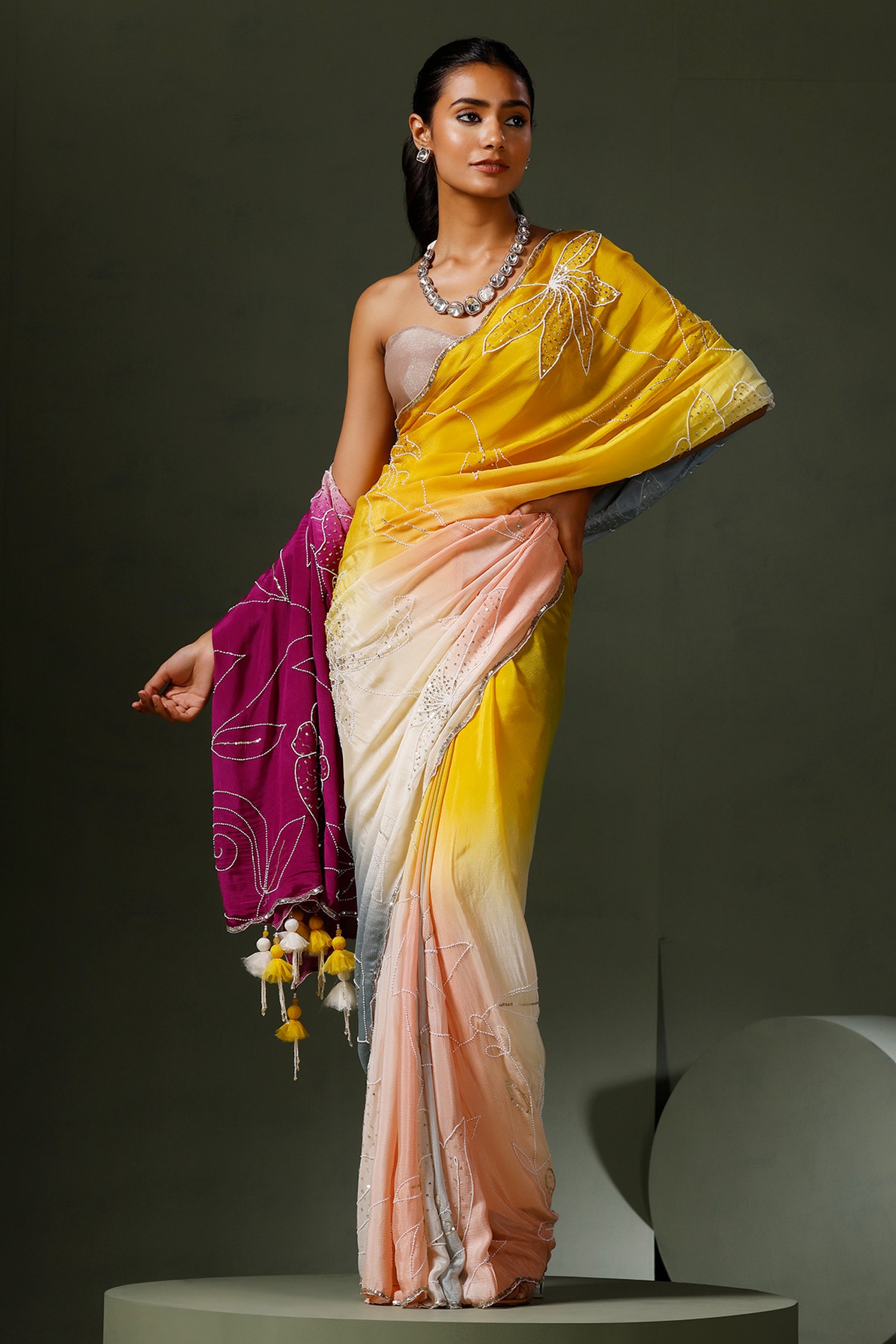 Buy Multi Color Chinon Maya Flora Embellished Saree With Unstitched ...