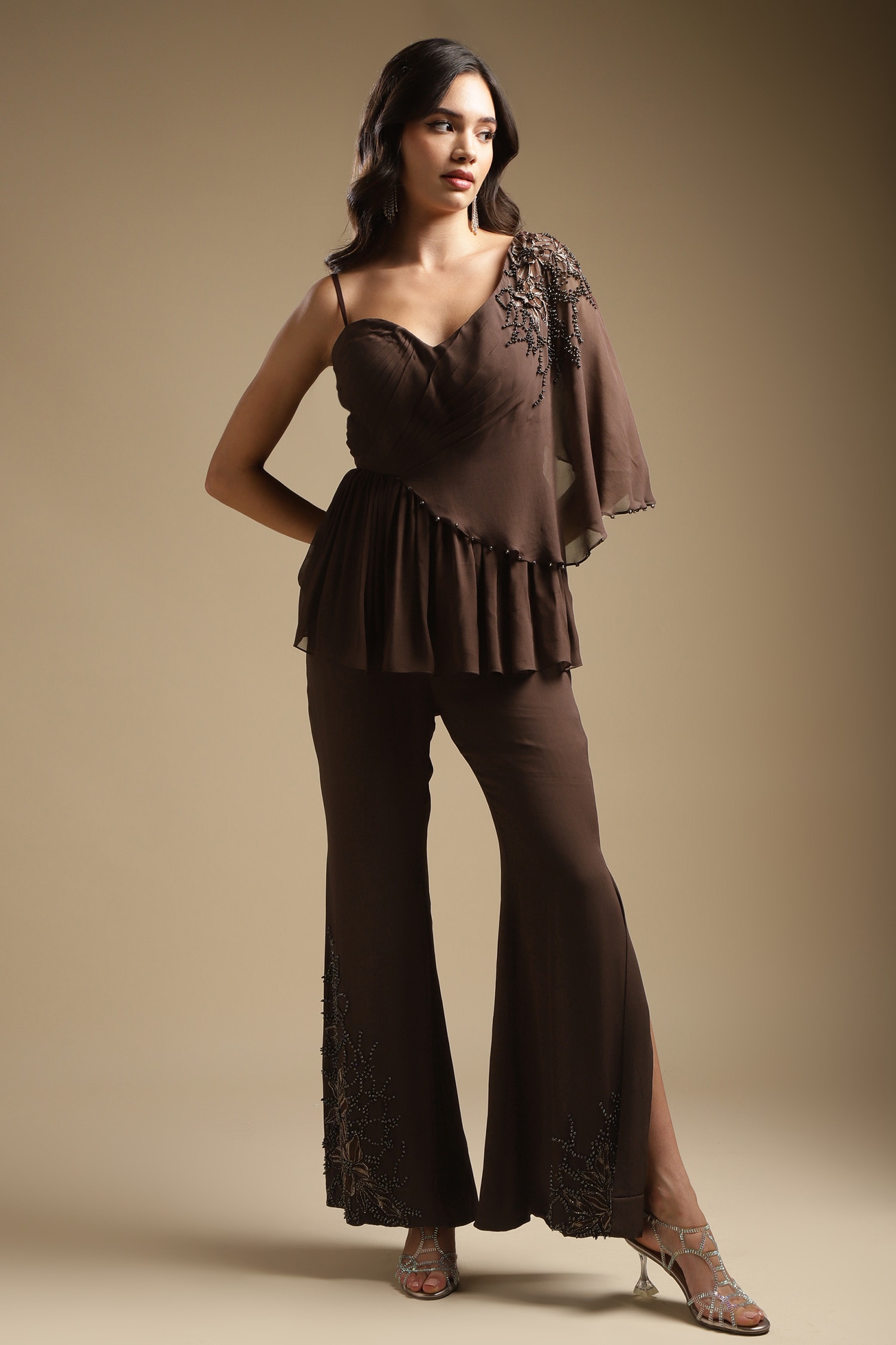 Buy Brown Georgette One Shoulder Peplum Top And Bell Bottom Pant Set ...