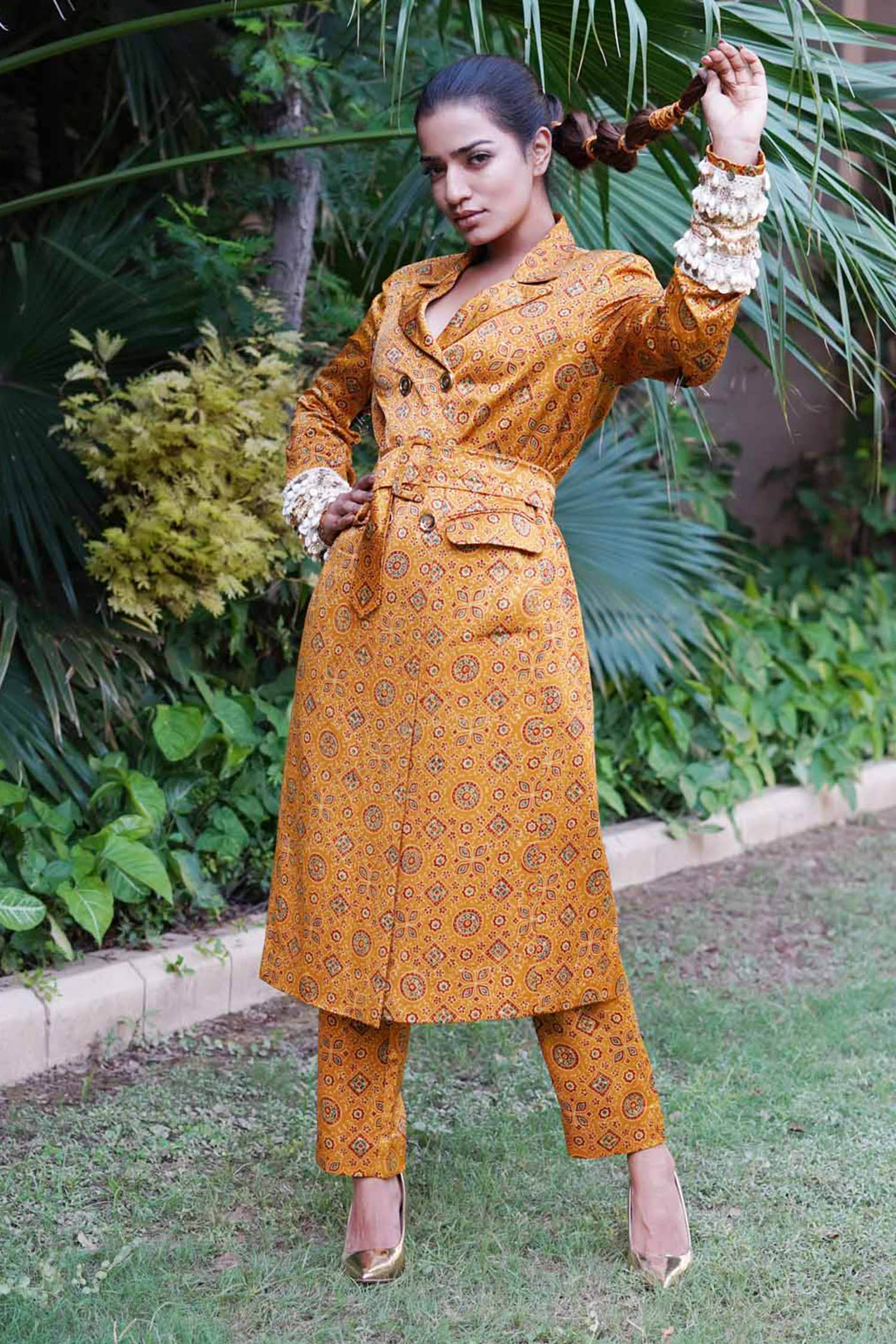 Buy Yellow Mashru Silk Hand Block Print Floral Ajrakh Sunheri Pant For ...