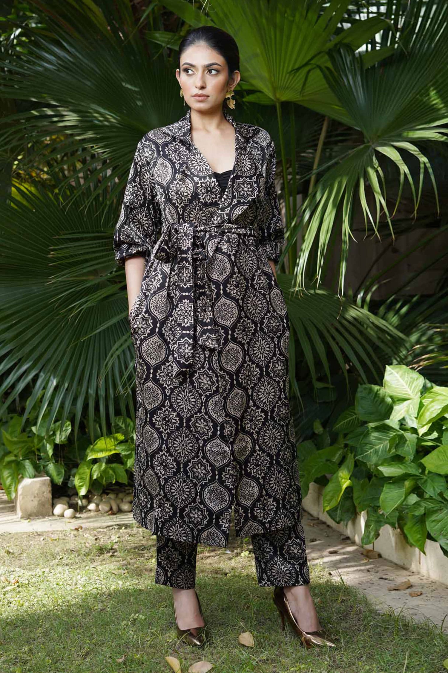 Buy Black Mashru Silk Hand Block Print Surmayi Trench Coat And Pant Set ...