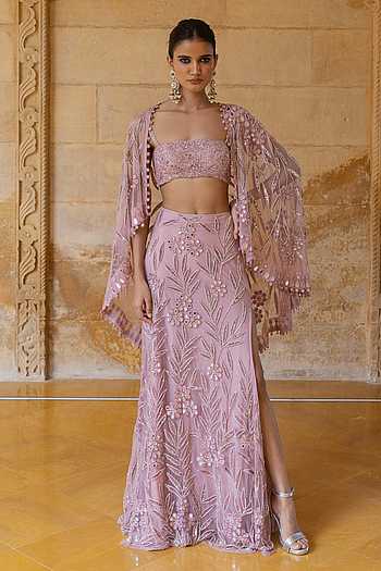 Buy Pink Net Hand Embroidered Mirror Cape: Open And Sequin Skirt Set ...