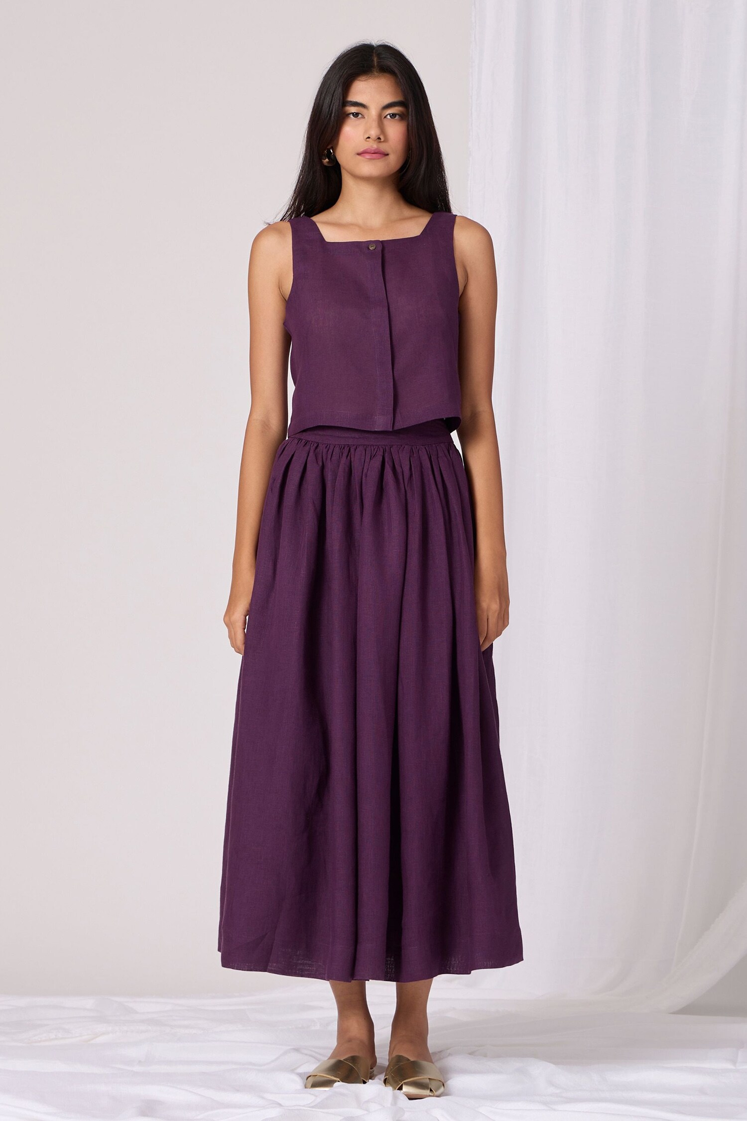 Buy The Summer House Purple Linen Maud Gathered Flare Skirt Online ...