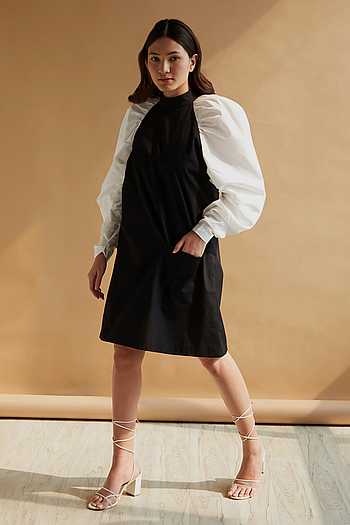 Buy Black 100% Cotton Plain Round Colorblock Dress For Women by House ...