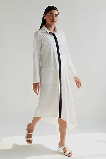 Buy White 100% Cotton Plain Collar Pleated Panelled Shirt Dress For ...