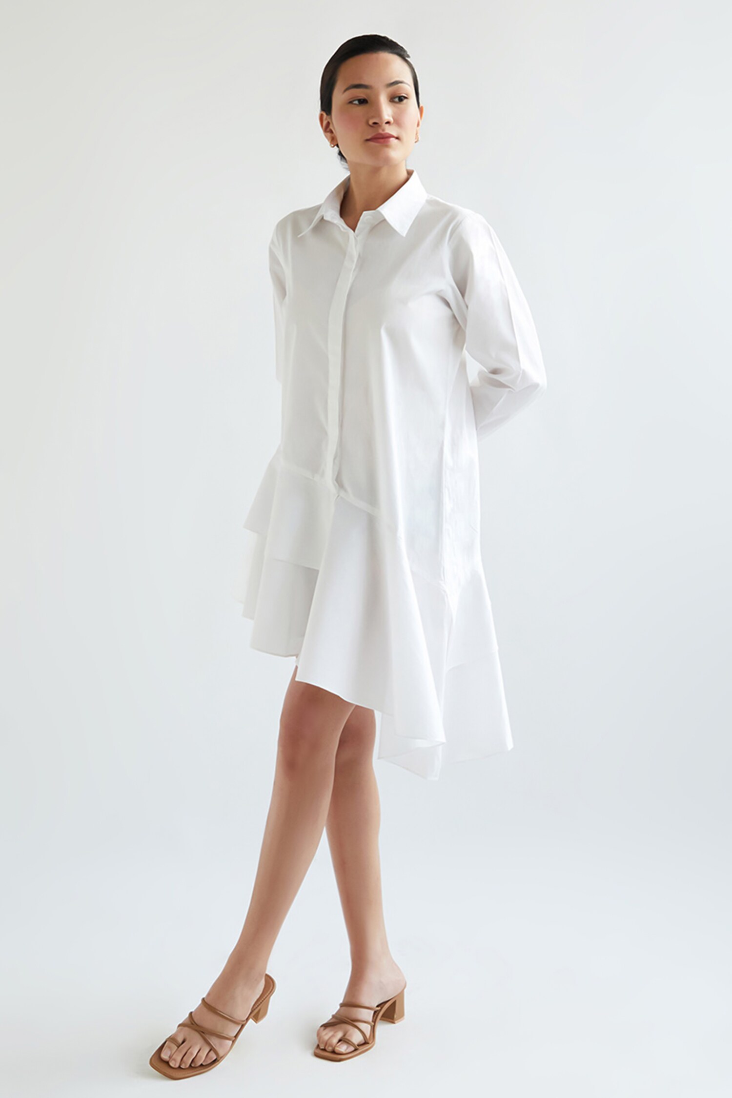 Buy House of Manaa White Cotton Tiered Panelled Shirt Dress Online ...