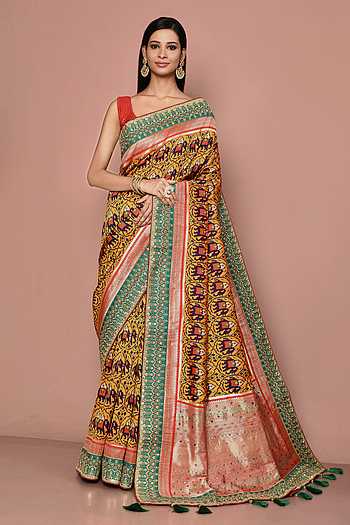Buy Yellow Silk Elephant Pattern Saree With Unstitched Blouse Piece For ...