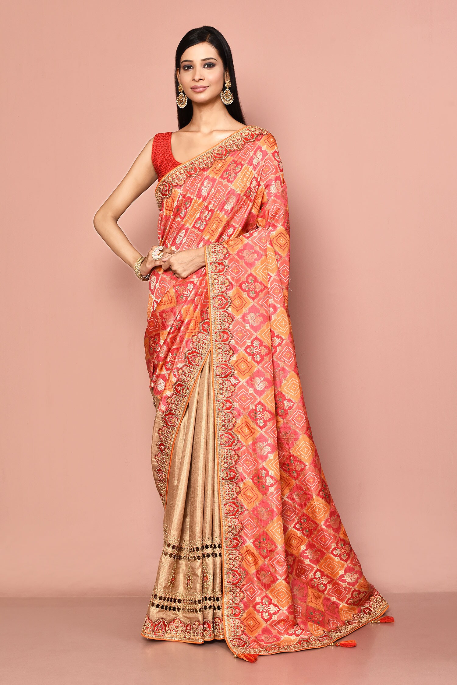 Buy Red Saree Banarasi Silk Bandhani With Embroidered Unstitched Blouse Piece For Women by ...