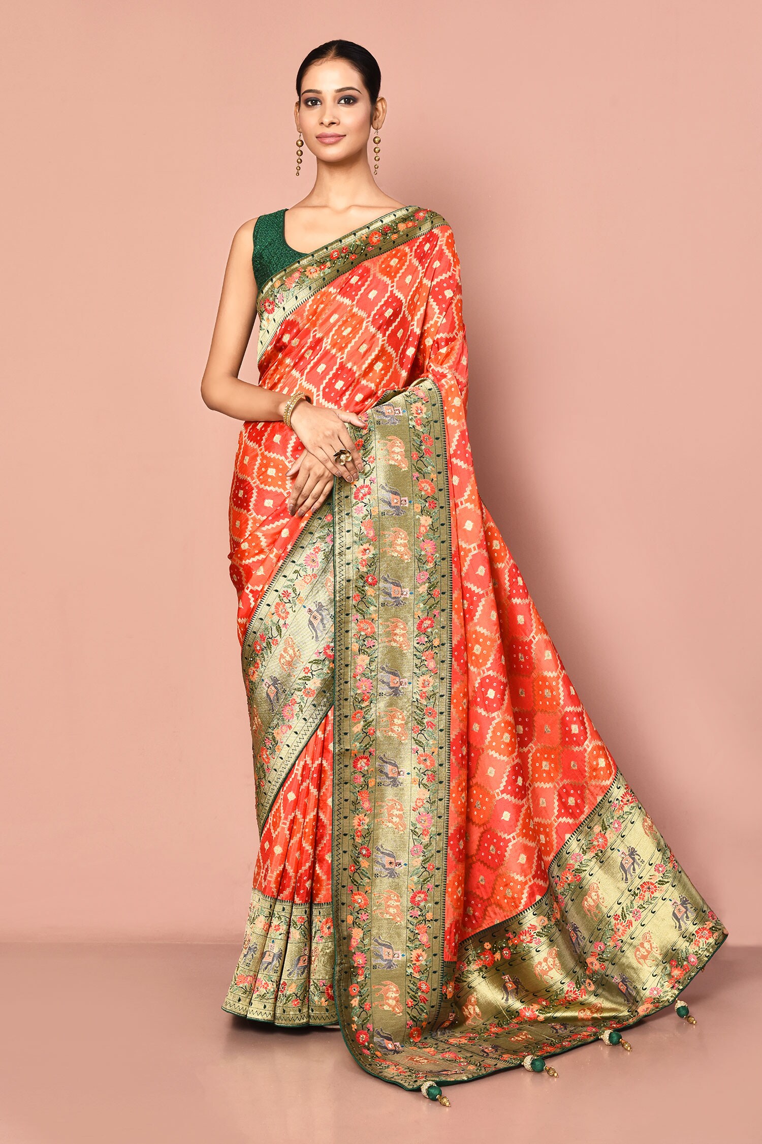 Buy Red Saree Pure Bandhani Pattern With Green Unstitched Blouse Piece For Women by Nazaakat by ...