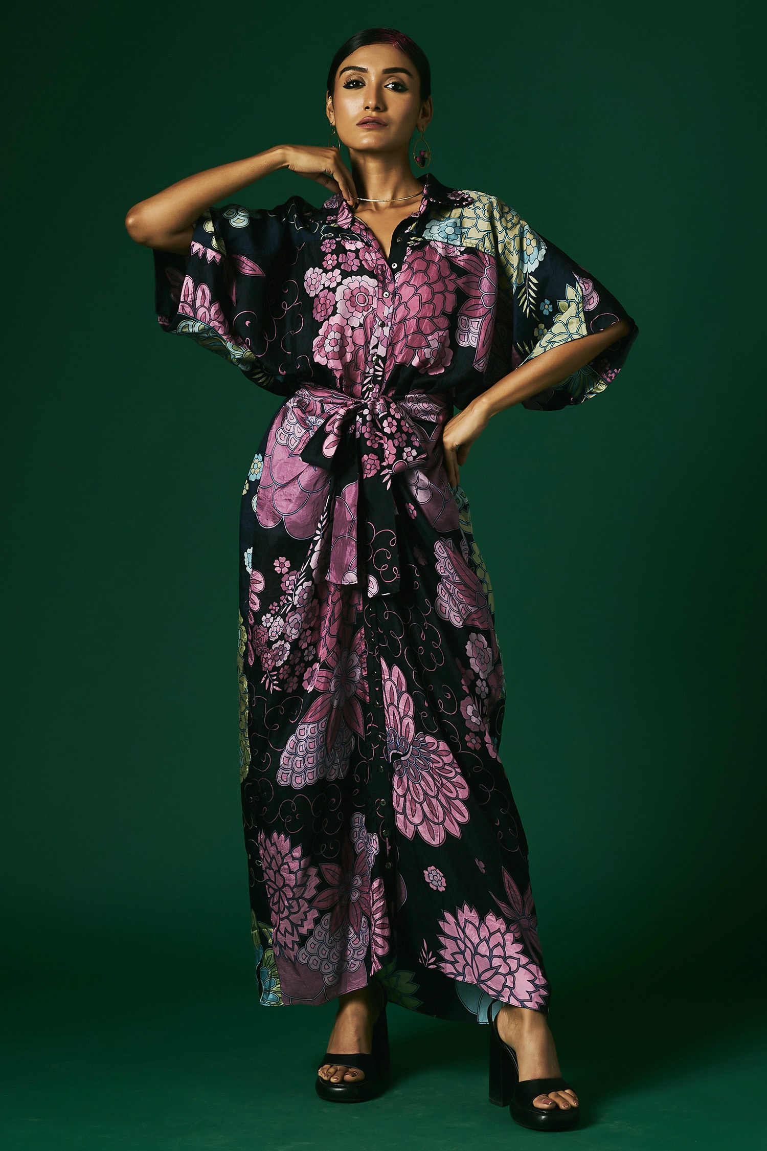 Buy Black Woven Mulberry Silk Printed Armeria Draped Dress For Women by ...