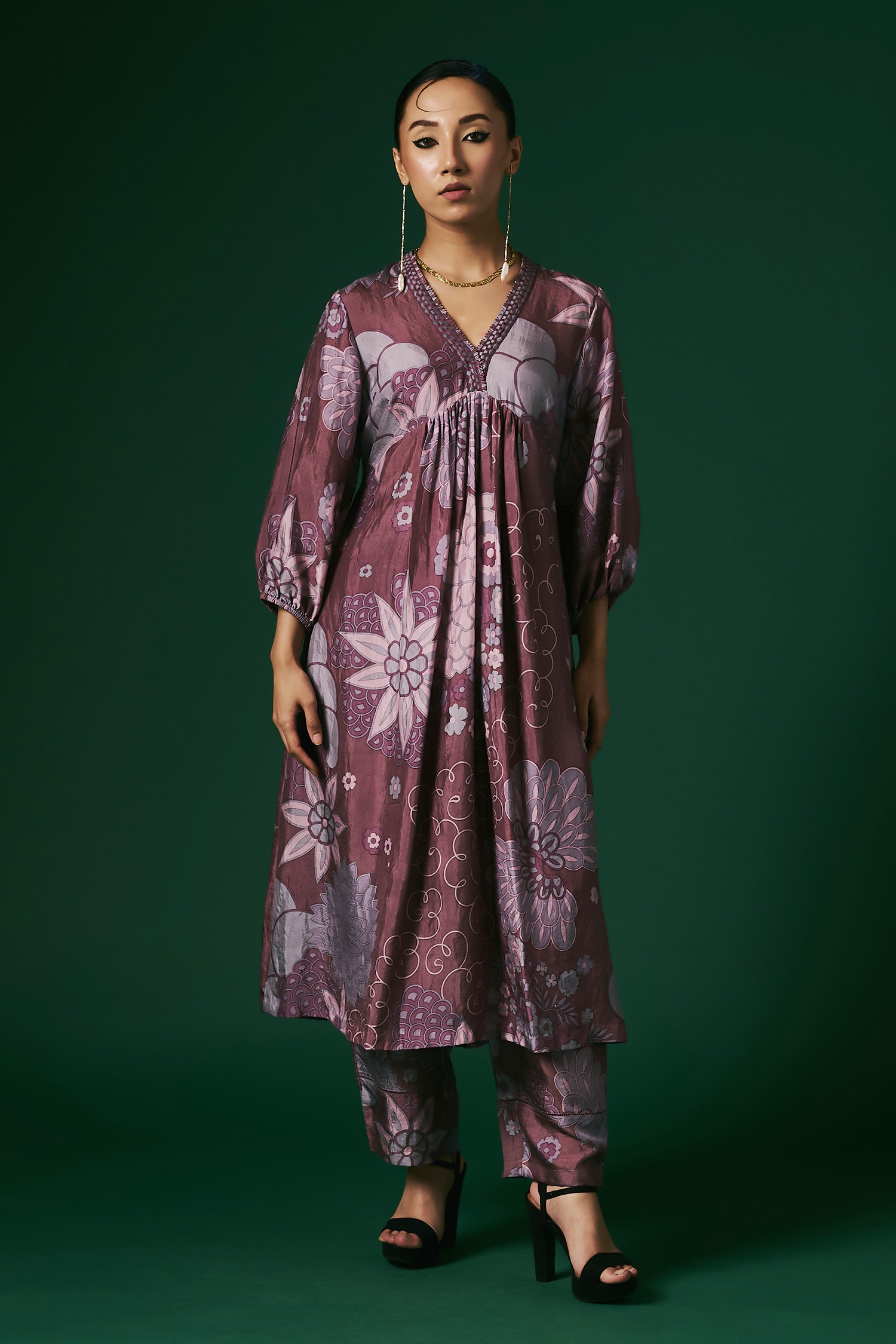 Buy Purple Woven Mulberry Silk Geranium Anarkali And Pant Set For Women ...