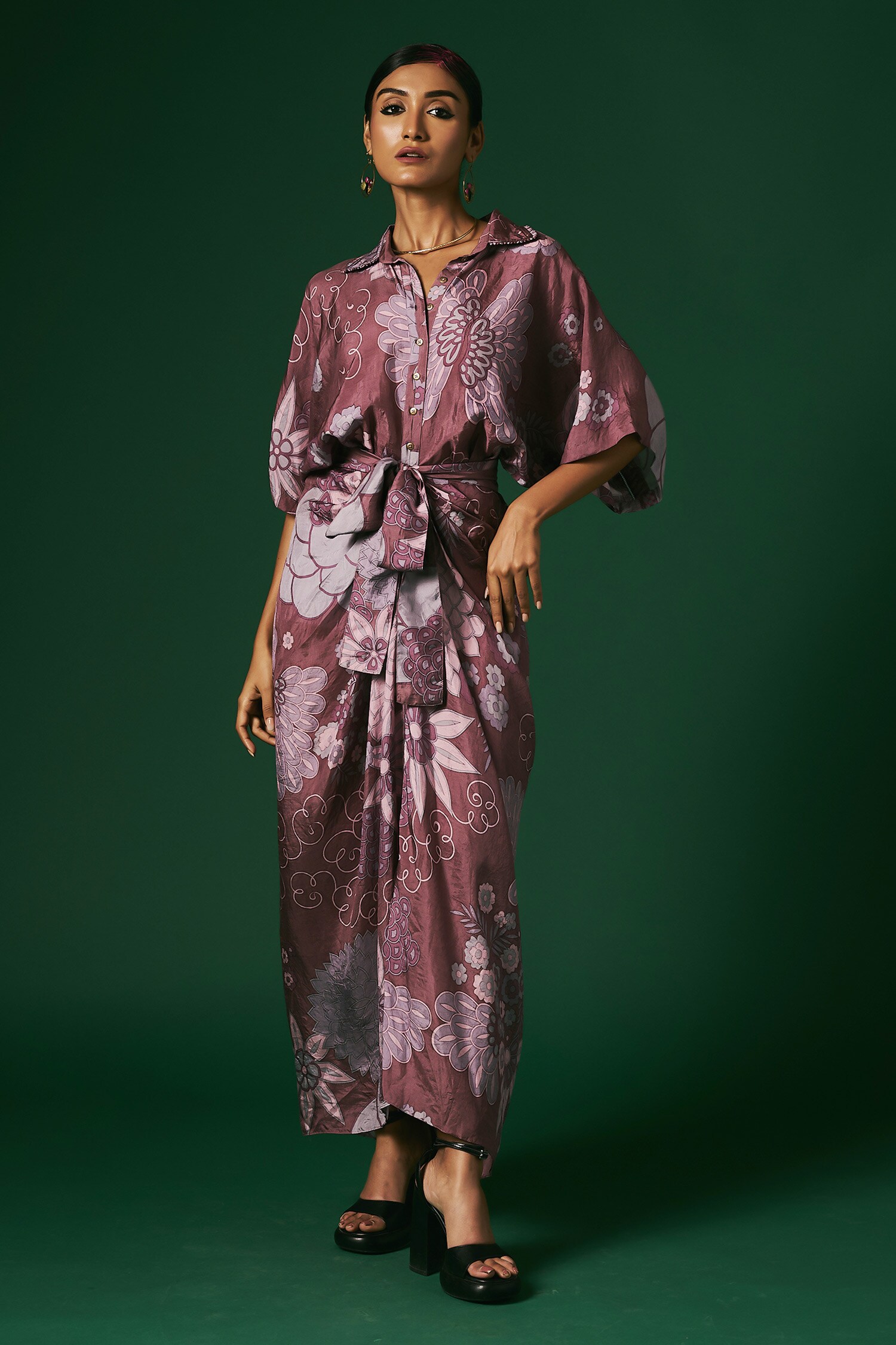 Buy Purple Woven Mulberry Silk Printed Lantana Draped Dress For Women ...