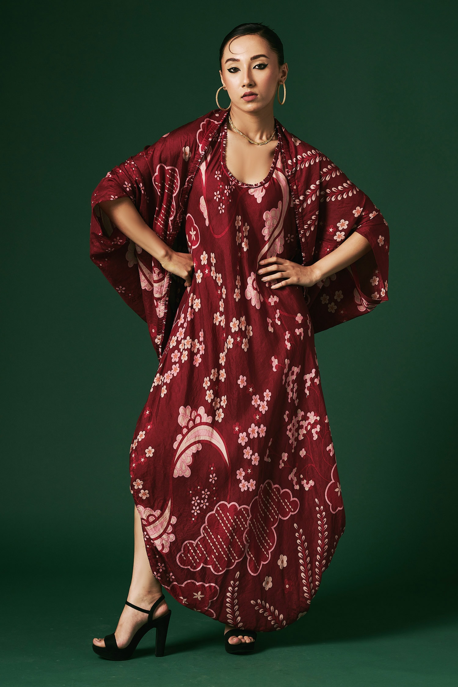 Buy Maroon Handwoven Mulberry Silk Hand Printed Calendula And Dress Set ...