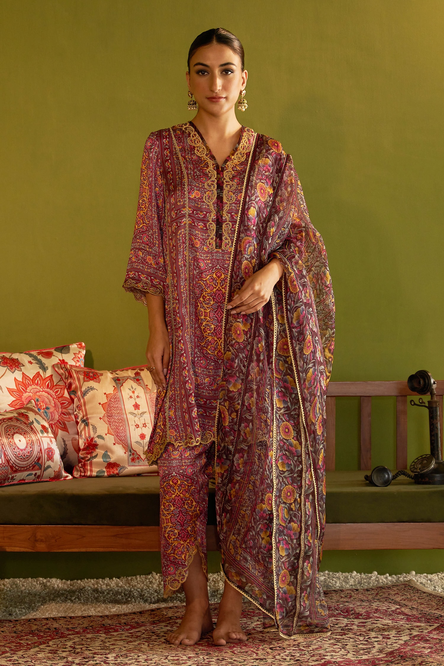 Buy Pink Satin Silk Printed Floral V Neck Keerat Gulab Kurta And Pant Set For Women by Sage Saga ...