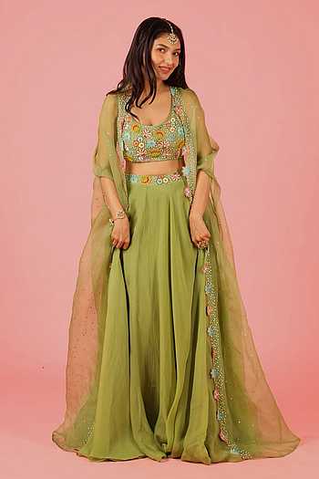 Buy Kasturi Tikmani Green Organza Floral Applique Embroidered Cape ...