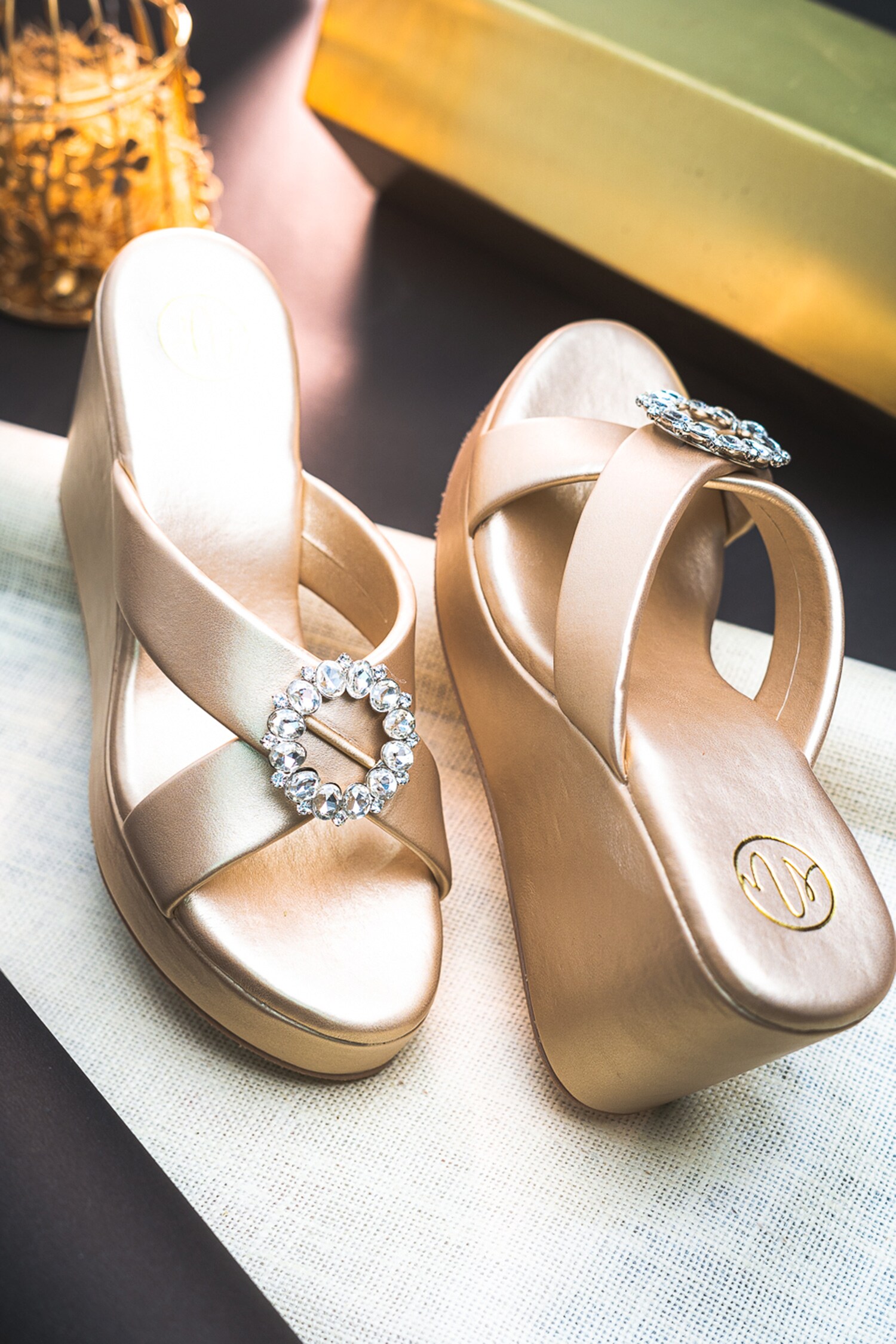 Buy Gold Embellished Stone Strap Wedges by NR BY NIDHI RATHI Online at ...