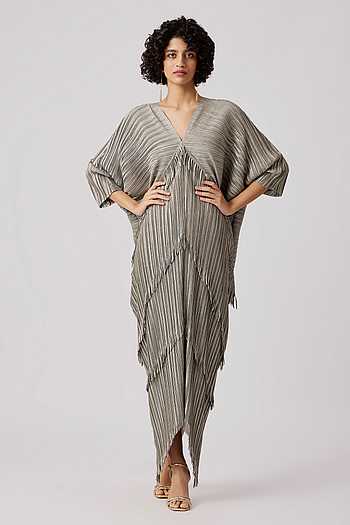 Buy Blue 100% Polyester Plain V Neck Kimono Metallic Fringe Dress For ...