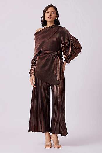 Buy Gold 100% Polyester Plain Asymmetric Skylar Metallic Top And Pant ...